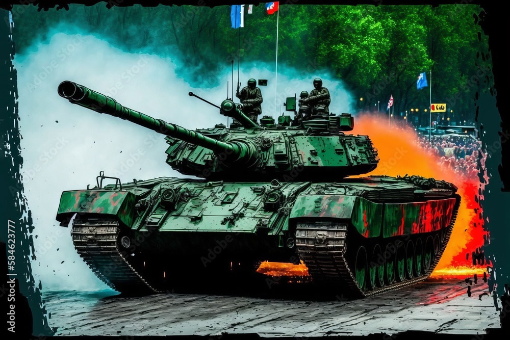 Generative AI illustration of soldiers riding tank against smoke and ...