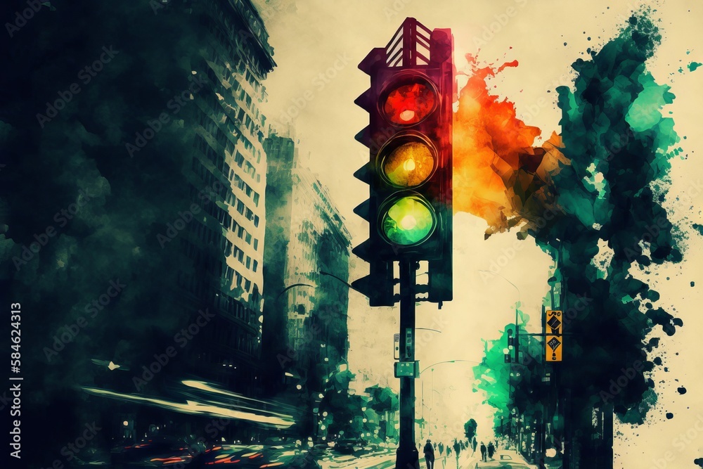 Generative AI image of traffic light in future city with spots of green ...