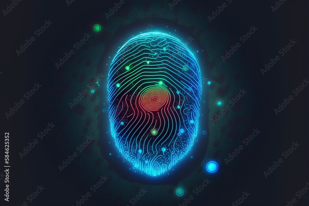 AI generated neon blue fingerprint hologram of safety technology with ...