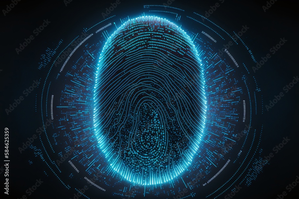 AI generated illuminated neon blue hologram of fingerprint of safety ...