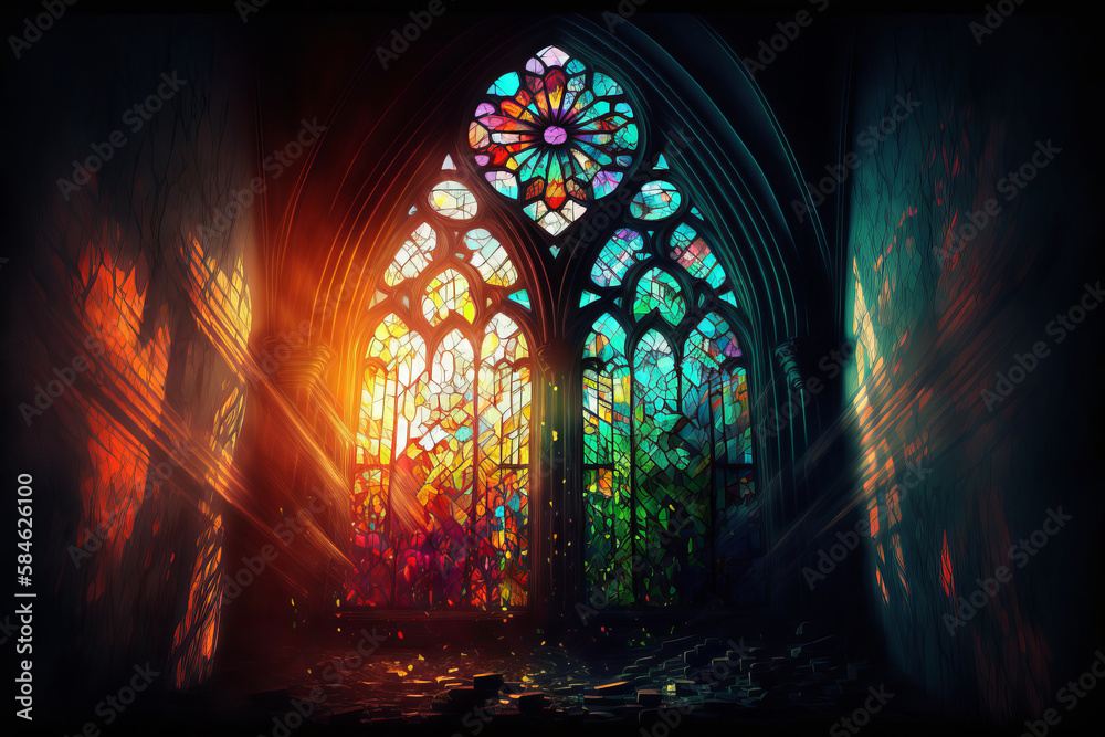 Generative AI illustration of vibrant stained glass window of cathedral with penetrating bright ...