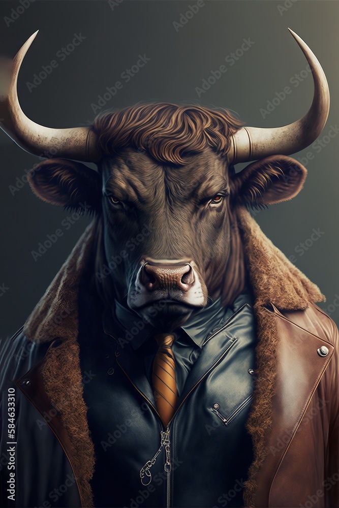 Bull with stocky male body, brown leather jacket over a leather jacket ...