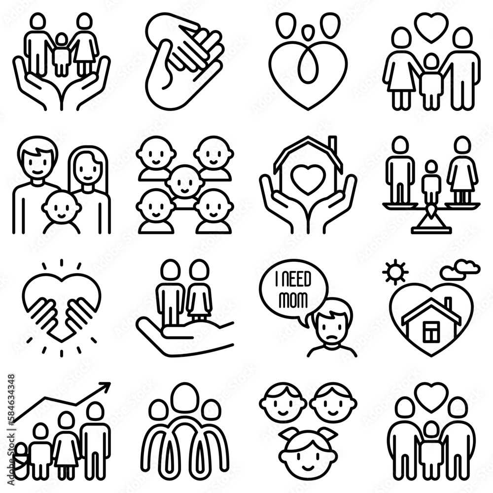 Child adoption thin line icons set: adoptive parents, helping hand ...