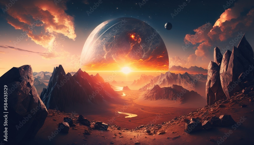 Image of a landscape on a desert planet with a planet and its moon in ...