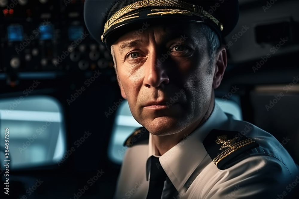 portrait of captain pilot of a passenger plane inside the cabin ...