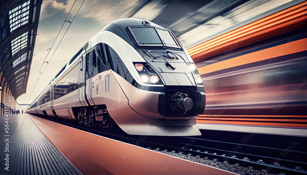 Beautiful railway station with modern silver commuter train passing by ...