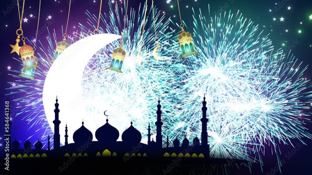 Big Bright Moon Behind The Mosque At night With Firework and Blinking ...