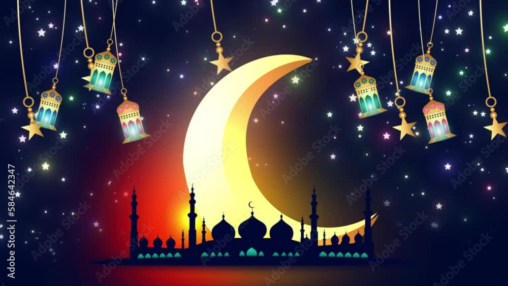 Big Bright Moon Behind The Mosque At night Ramadan Kareem Background ...