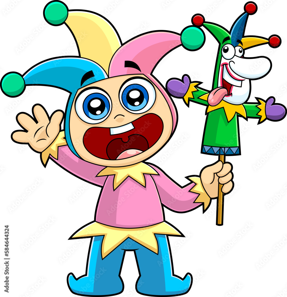 Happy Kid Cartoon Character With Costume And Jolly Jester Toy. Vector ...
