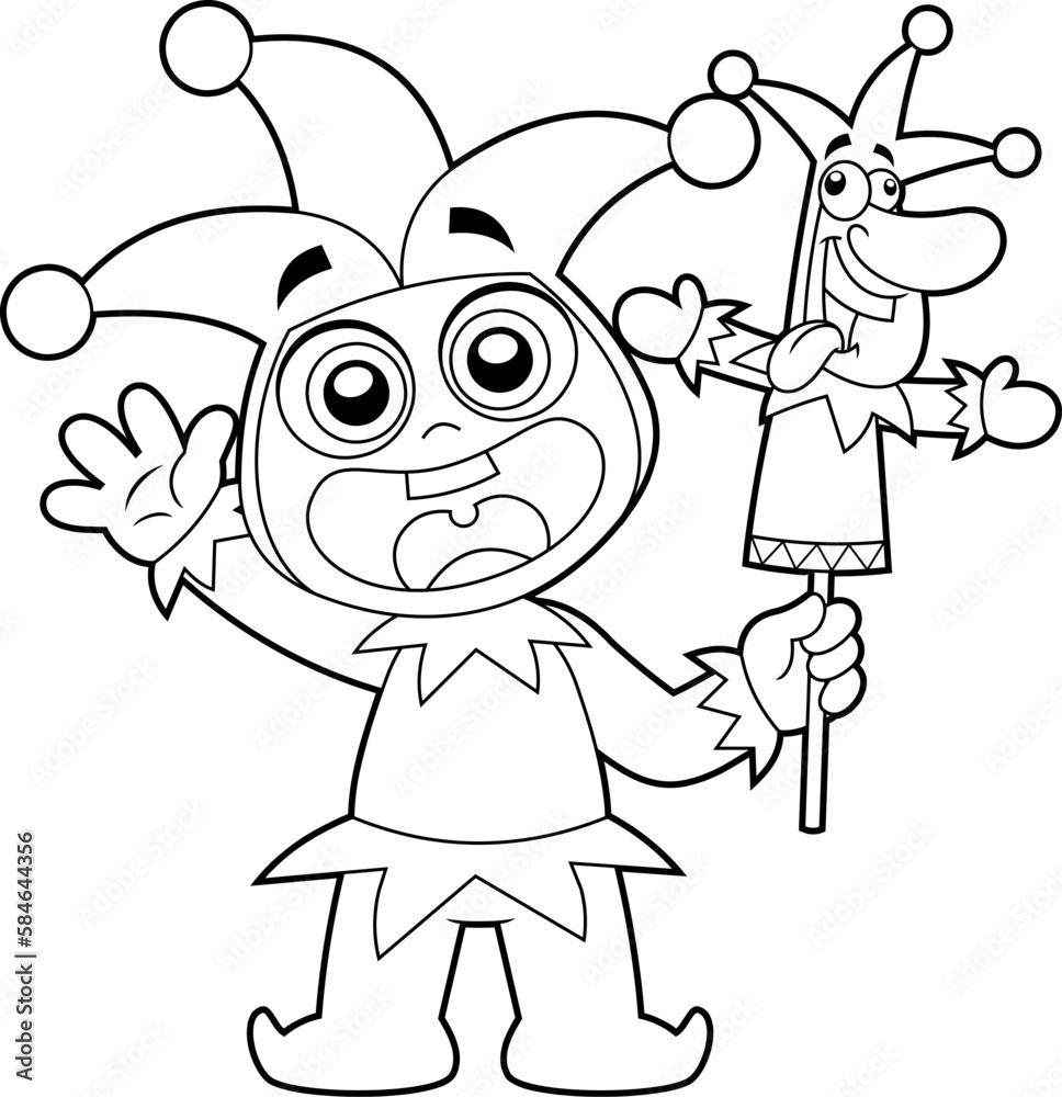 Outlined Happy Kid Cartoon Character With Costume And Jolly Jester Toy ...