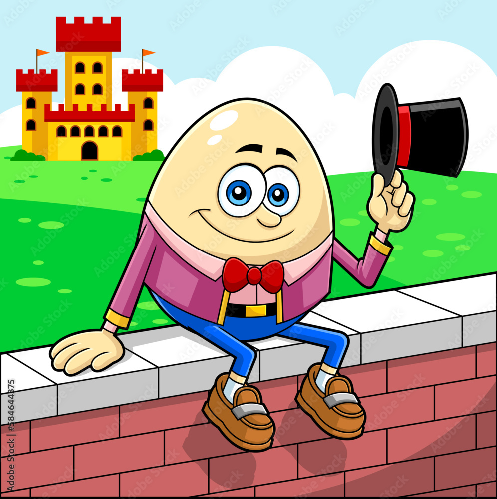 Humpty Dumpty Egg Cartoon Character Sitting On Wall Waving Hat. Vector ...