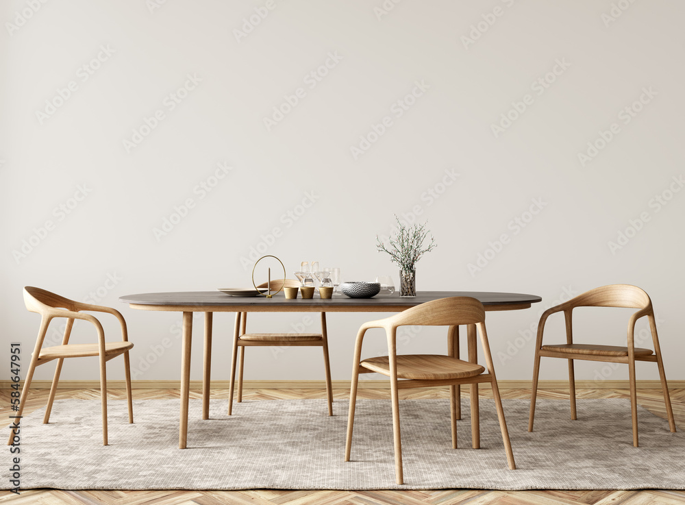 Interior design of modern dining room, dining table and wooden chairs ...