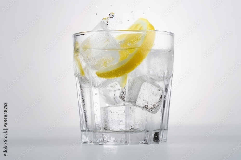 Lemonade sparkling water with ice cubes on a white background made with Generative AI Stock ...