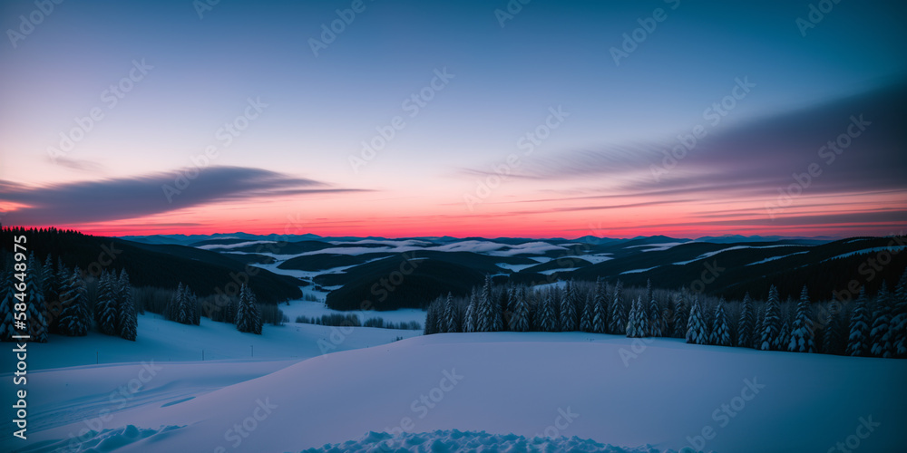 Sunrise over the snow mountains. Sunset red sky for background ...