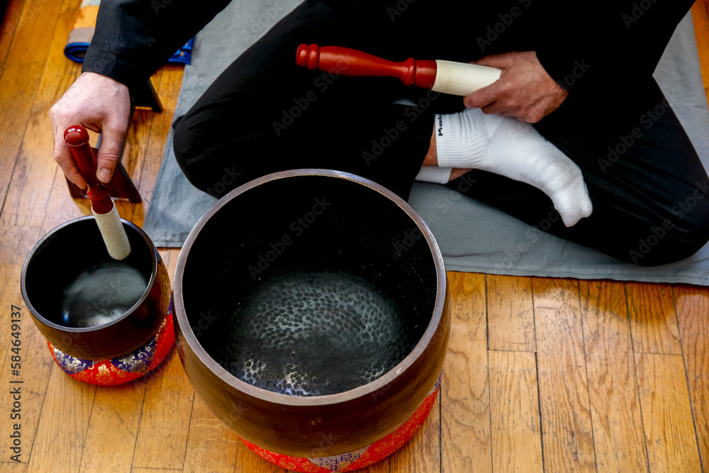 Zen sesshin (retreat) in Lanau, Cantal, France. Devotee using ...