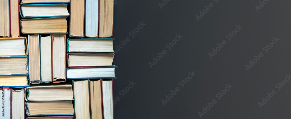 Banner. Stack of old books with copy space. Education background. Back ...
