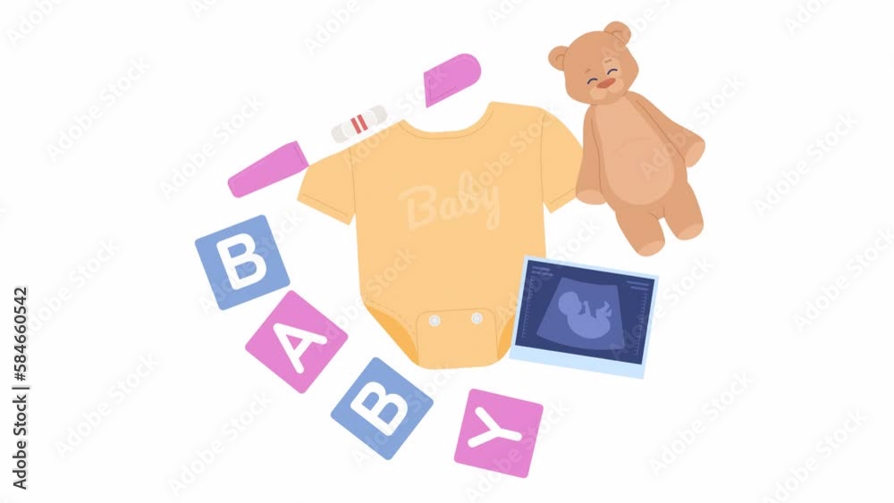 Animated announcing baby girl. Expecting newborn party. Flat cartoon ...