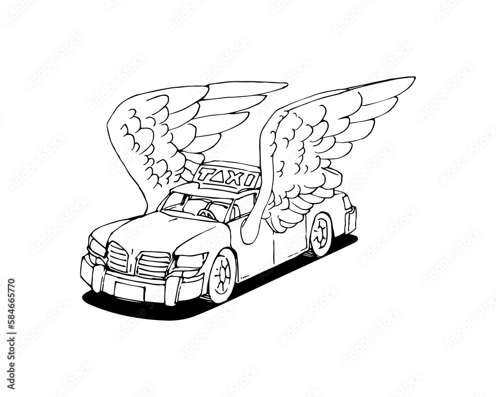 A city taxi with bird wings. Fast transportation. Vector illustration ...