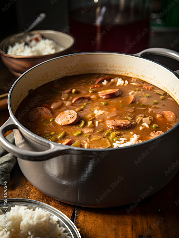 Large pot of gumbo with sausage and rice created with Generative AI ...