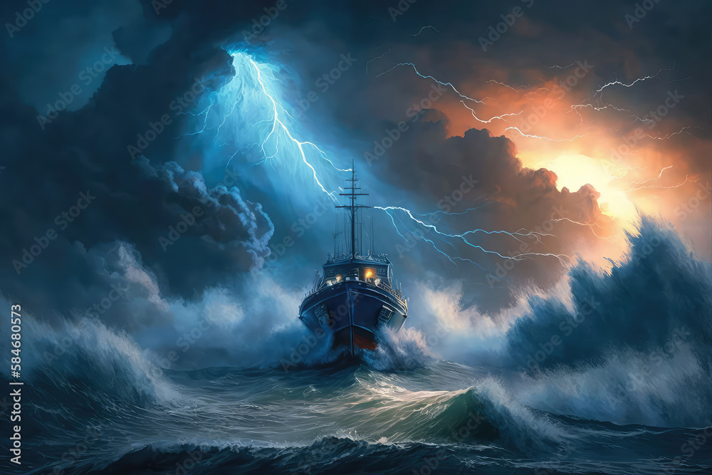 ภาพประกอบสต็อก fishing boat navigating during a storm. Thunder and rain ...