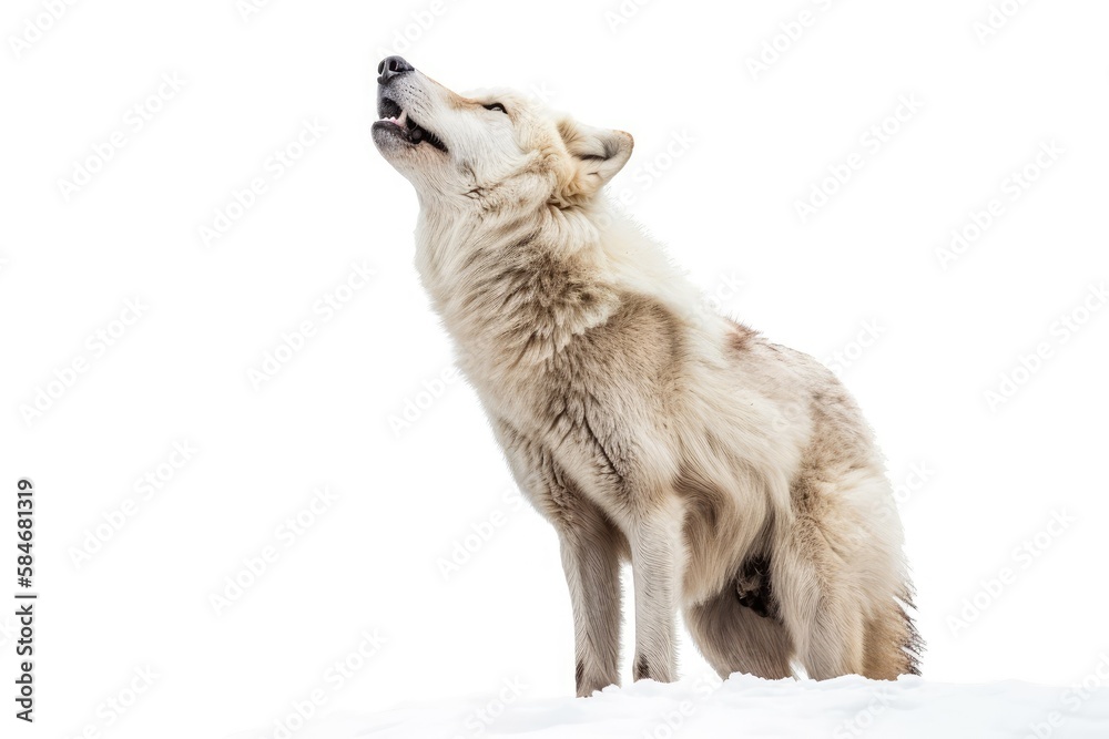 Arctic wolf howling in the cold, isolated on a white background ...