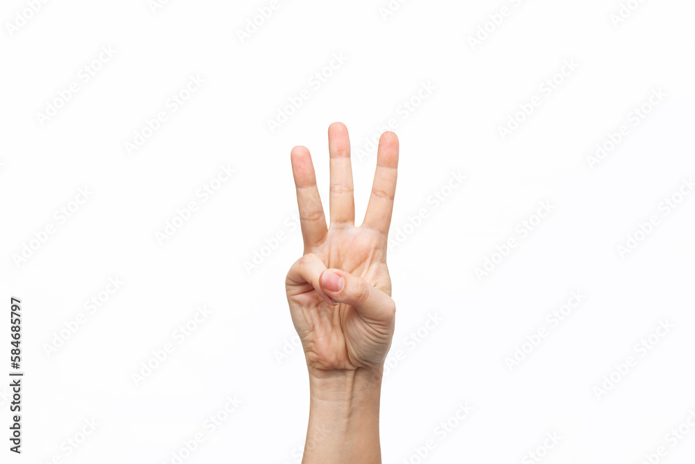 Female hand showing a three fingers gesture isolated on a white background. Hand sign, Counting ...