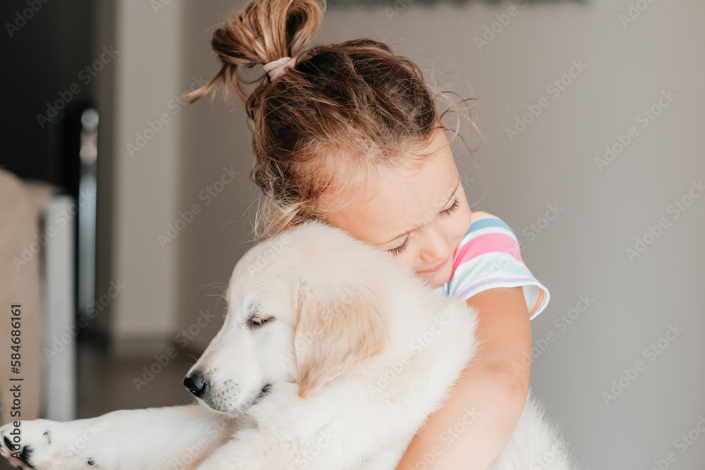 child girl play hugging dog puppy golden retriever, pet therapy and ...