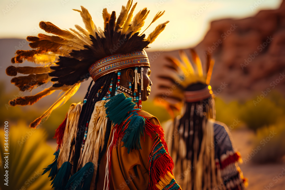 Indians in traditional costumes with feathers on their heads walk ...