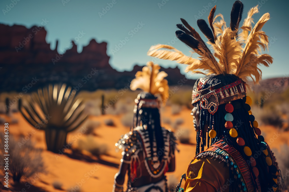 Indians in traditional costumes with feathers on their heads walk ...