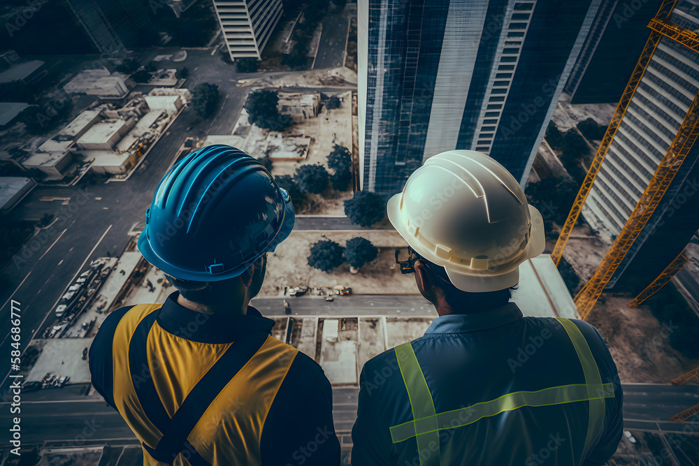 Diverse team experts inspecting construction site of commercial ...