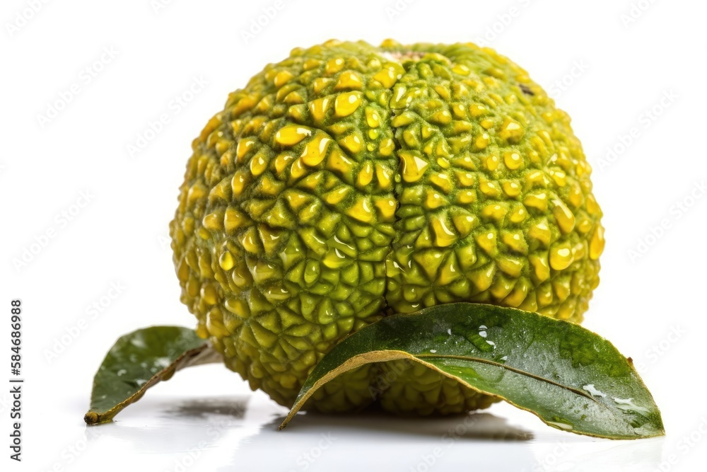 Osage orange fruit that is wet and green, clipped and isolated on a ...