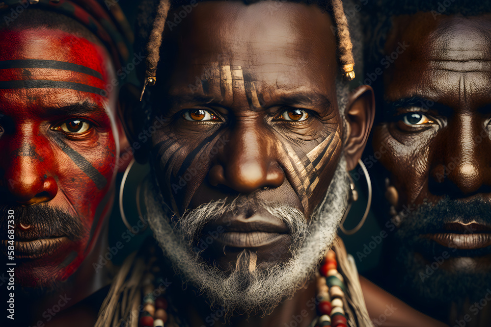 Three male faces of an African, local typical inhabitants of the tribes ...