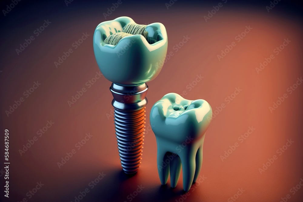 Model of tooth with dental implantology and ordinary tooth on ...