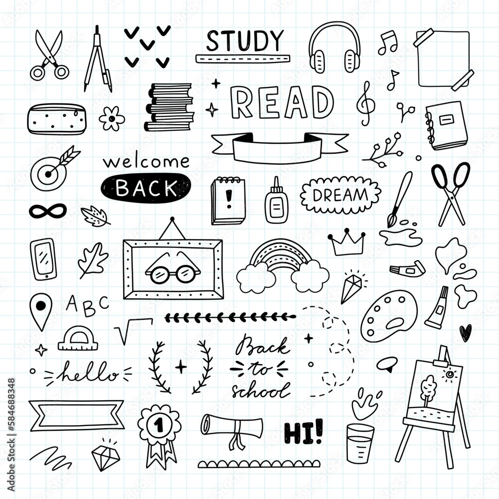 Hand drawn school icons. Cute school doodle set. Vector school ...