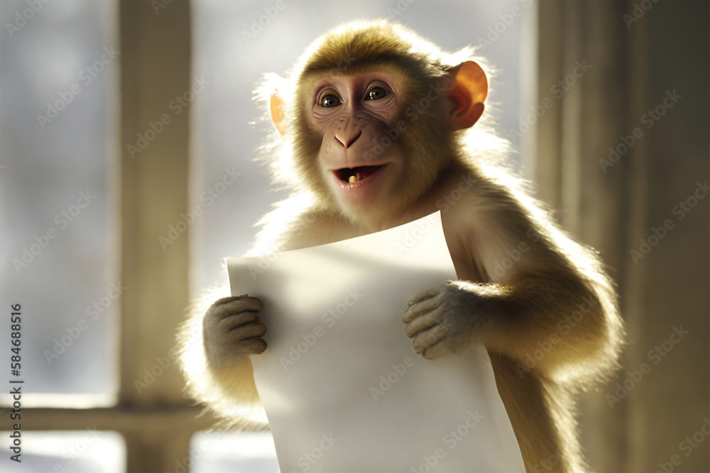 Mockup with happily smiling monkey holding blank white paper ...