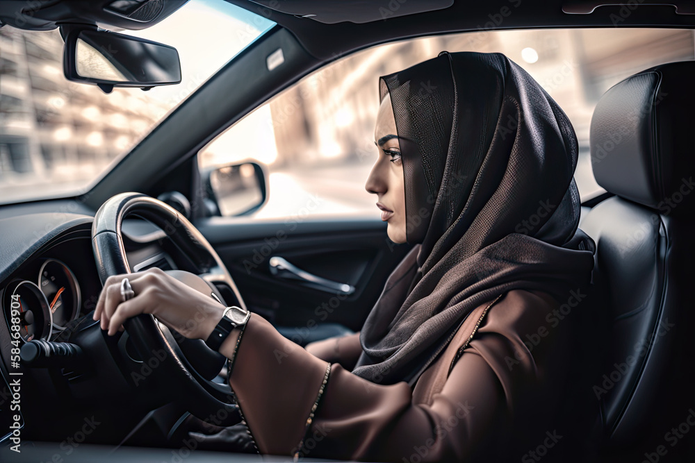 Ilustrace „Generative AI Illustration of an Arab woman driving a car ...