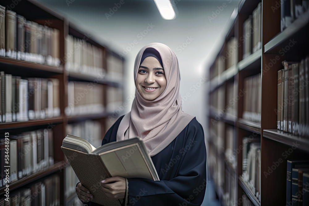 Generative AI Illustration of an Arab woman proudly holding books in a ...