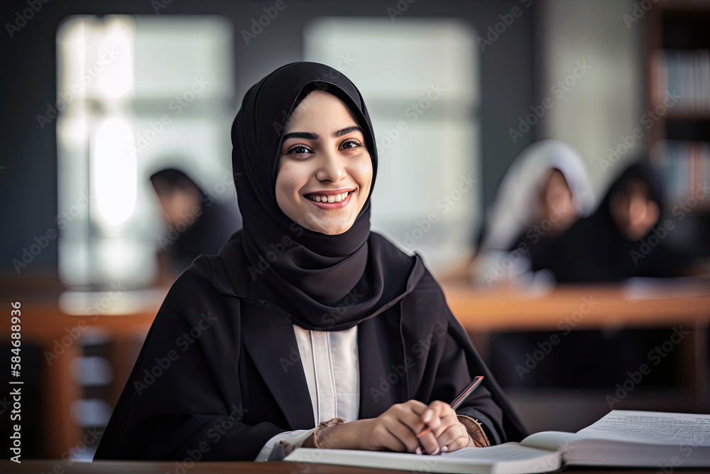 Generative AI Illustration of an Arab woman proudly holding books in a library at the university ...