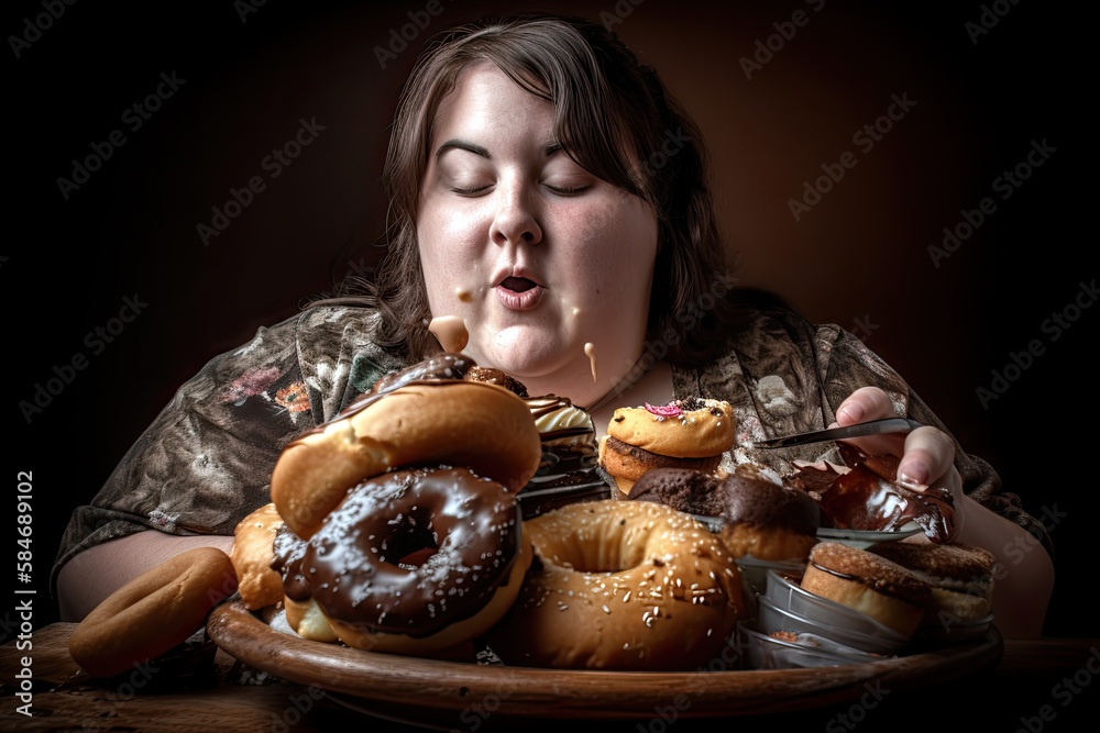 Generative AI Illustration of an obese woman eating junk food. Concept ...