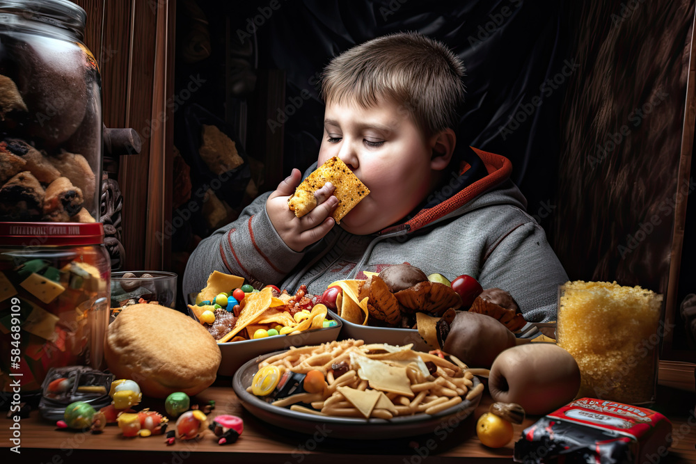 Generative AI Illustration of an obese boy eating junk food. Concept on ...
