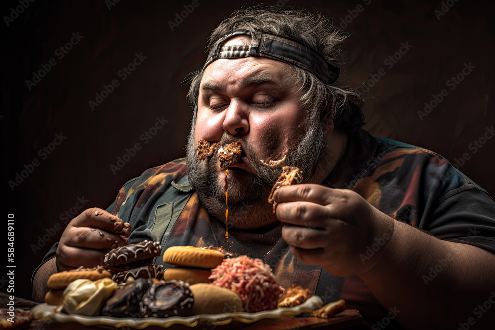 Generative AI Illustration of an obese man eating junk food. Concept on ...