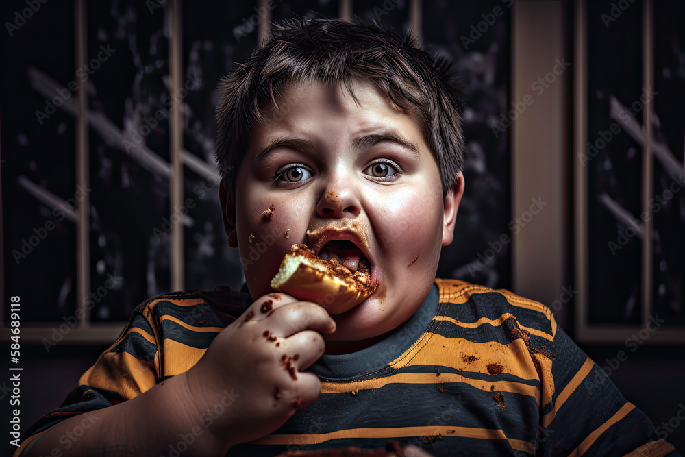 Generative AI Illustration of an obese boy eating junk food. Concept on ...