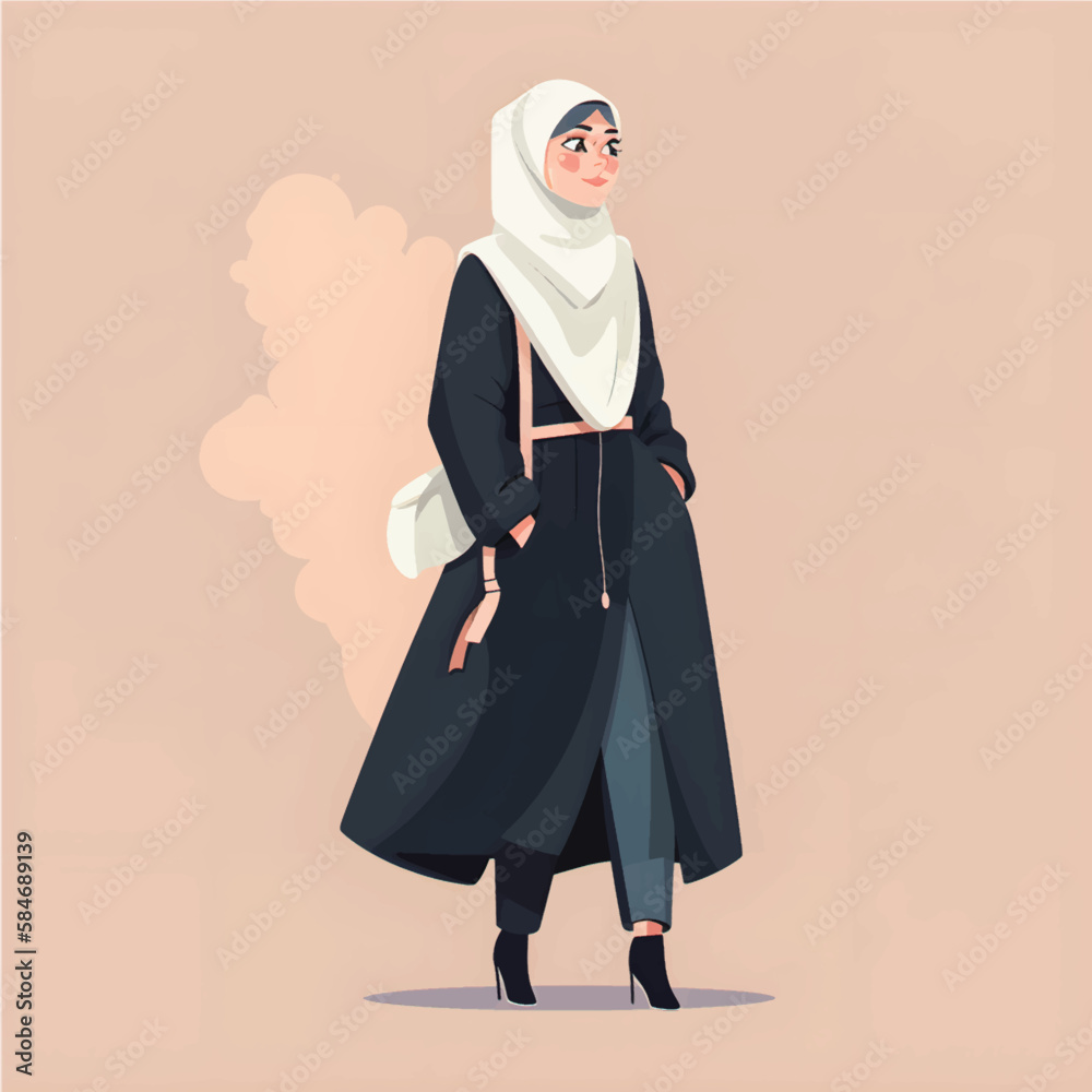 Vetor de Hijab girl Illustrations: Flat Cartoon Style Depicting ...