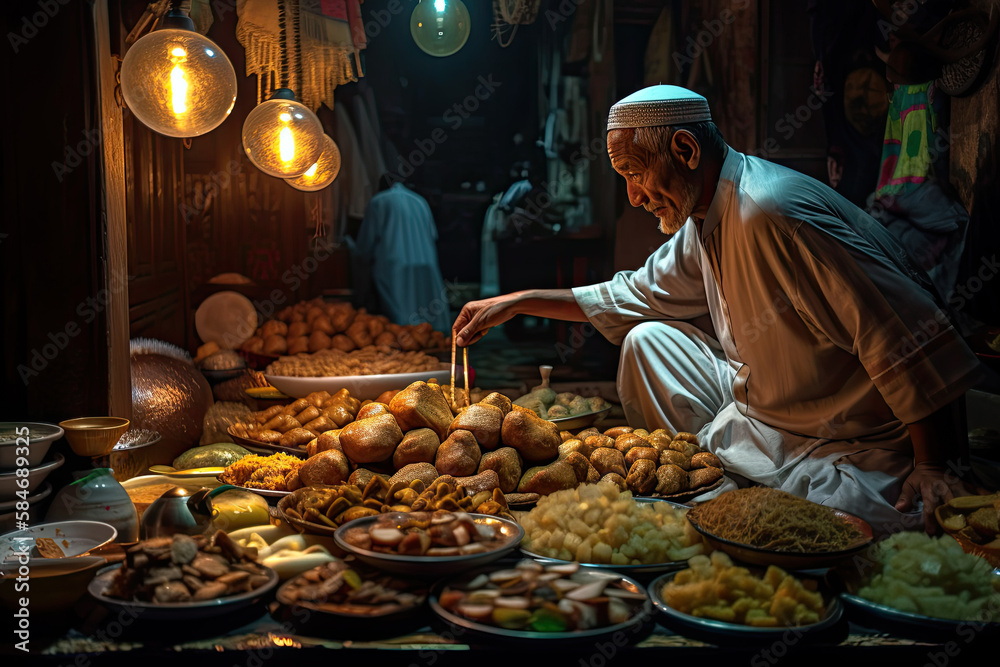 Generative AI Illustration of an Arab food merchant sitting on the ...