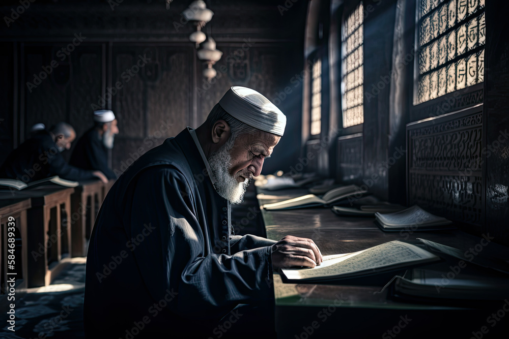 Generative AI Illustration of an imam of the Islamic religion reading ...