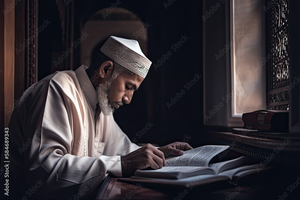 Generative AI Illustration of an imam of the Islamic religion reading ...