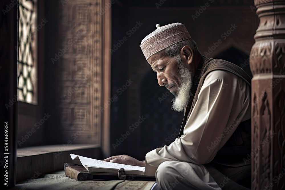 Generative AI Illustration of an imam of the Islamic religion reading ...