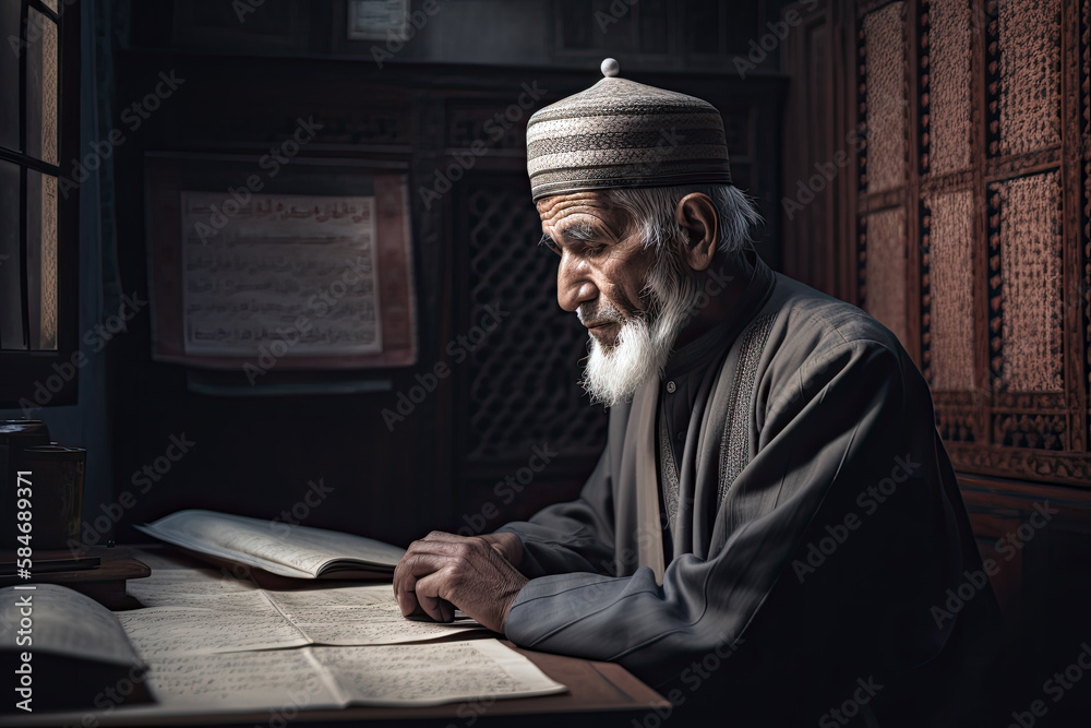Generative AI Illustration of an imam of the Islamic religion reading ...