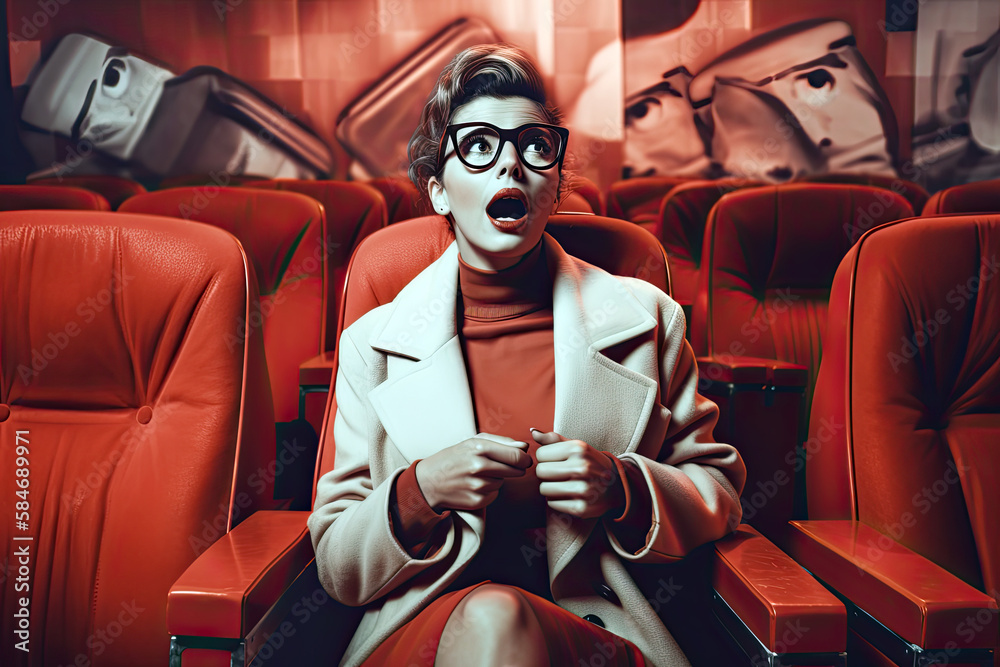 Generative AI Illustration of a woman in the cinema with a surprised ...