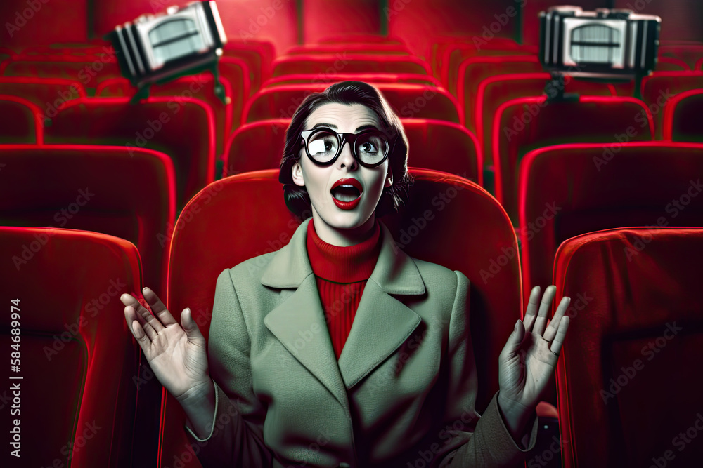 Generative AI Illustration of a woman in the cinema with a surprised ...